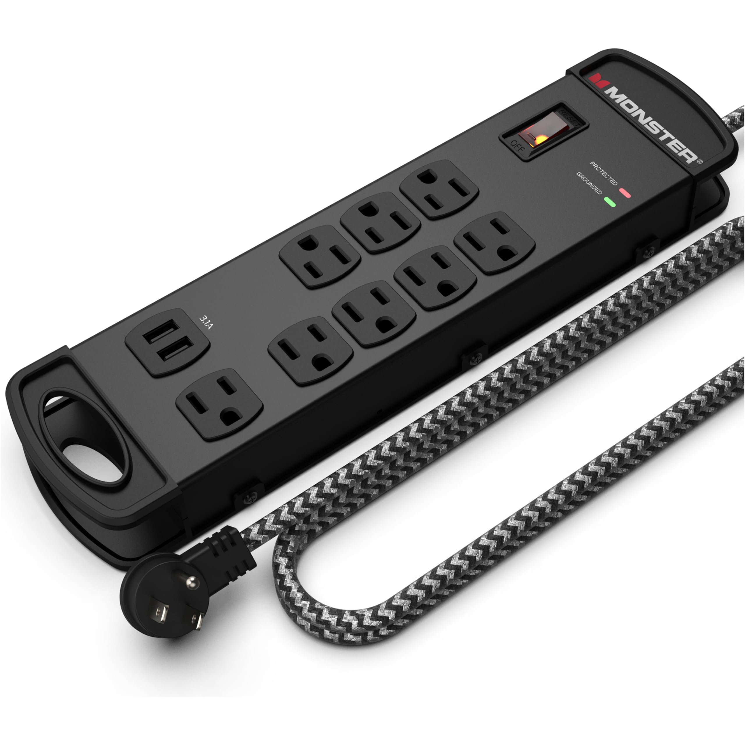 Monster Pro MI Professional Surge Protector Power Strip with Fireproof MOV Technology for Computers, Amplifiers, Pedal Boards, and Pro Audio Gear - 1960 Joule, 15 ft Cord, 8 Outlet, 2 USB