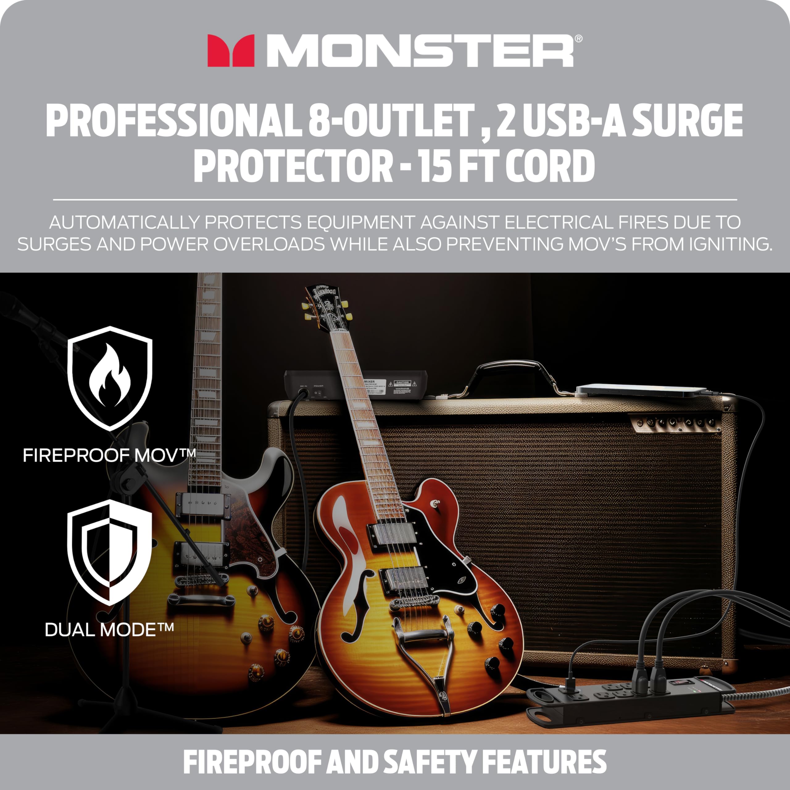 Monster Pro MI Professional Surge Protector Power Strip with Fireproof MOV Technology for Computers, Amplifiers, Pedal Boards, and Pro Audio Gear - 1960 Joule, 15 ft Cord, 8 Outlet, 2 USB