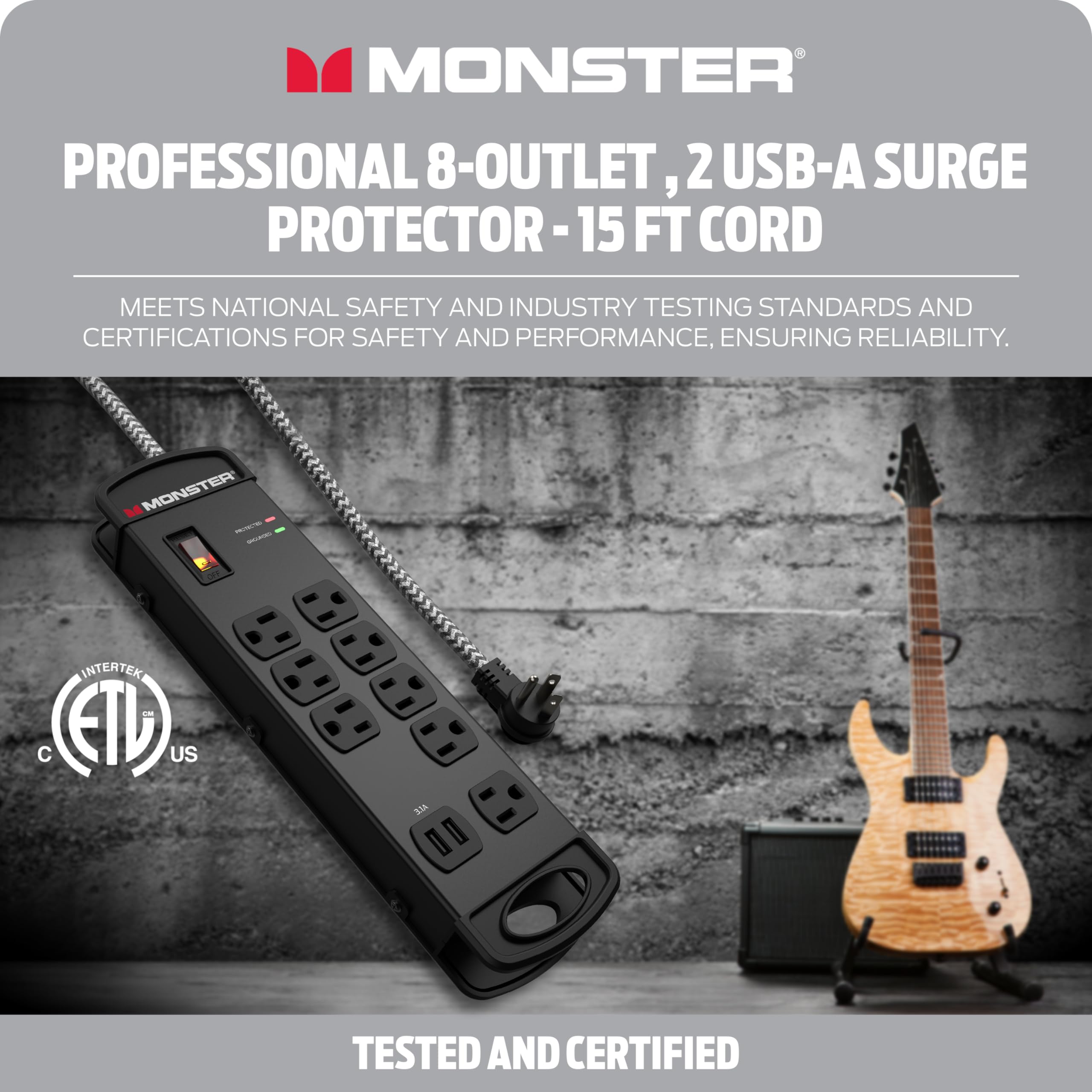 Monster Pro MI Professional Surge Protector Power Strip with Fireproof MOV Technology for Computers, Amplifiers, Pedal Boards, and Pro Audio Gear - 1960 Joule, 15 ft Cord, 8 Outlet, 2 USB