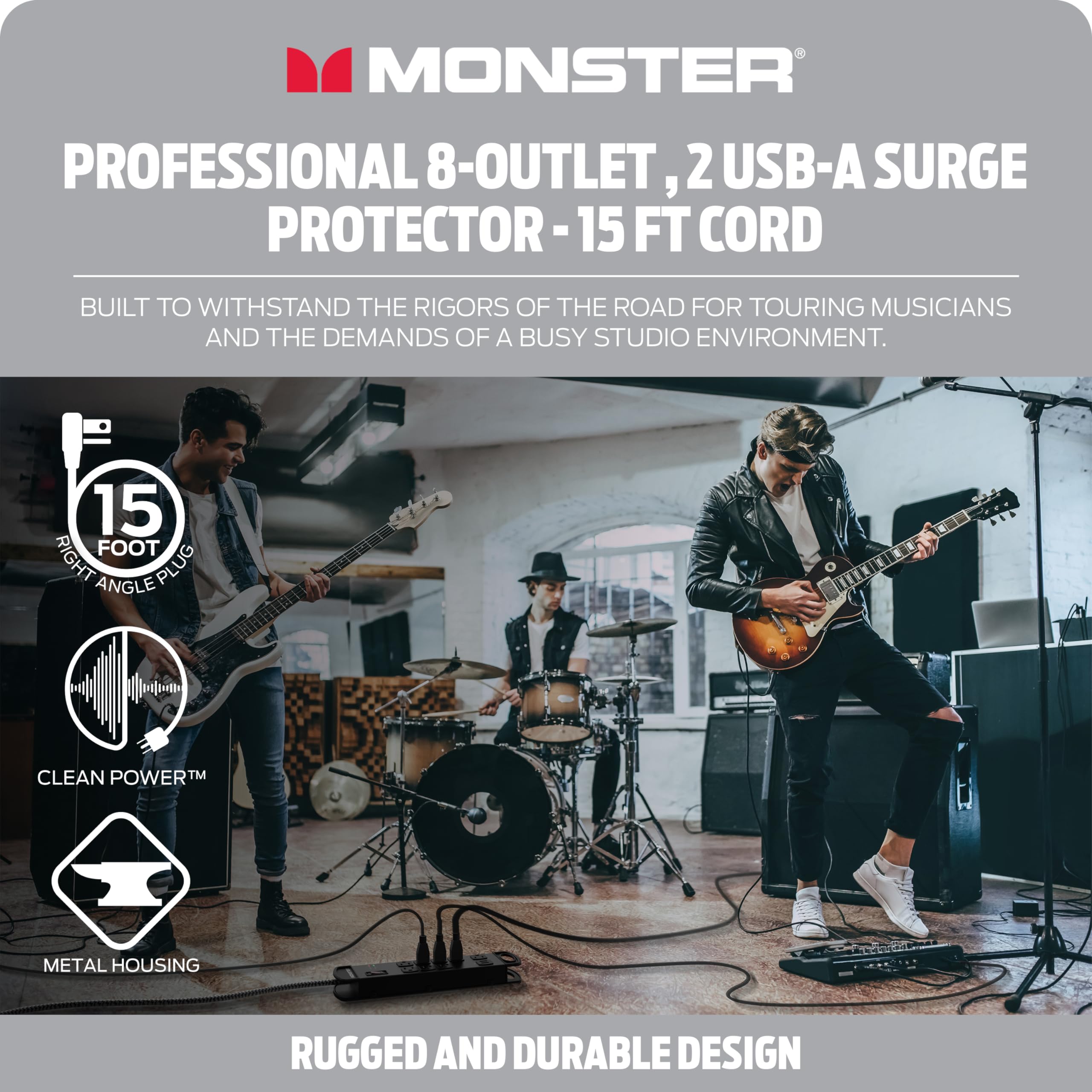 Monster Pro MI Professional Surge Protector Power Strip with Fireproof MOV Technology for Computers, Amplifiers, Pedal Boards, and Pro Audio Gear - 1960 Joule, 15 ft Cord, 8 Outlet, 2 USB