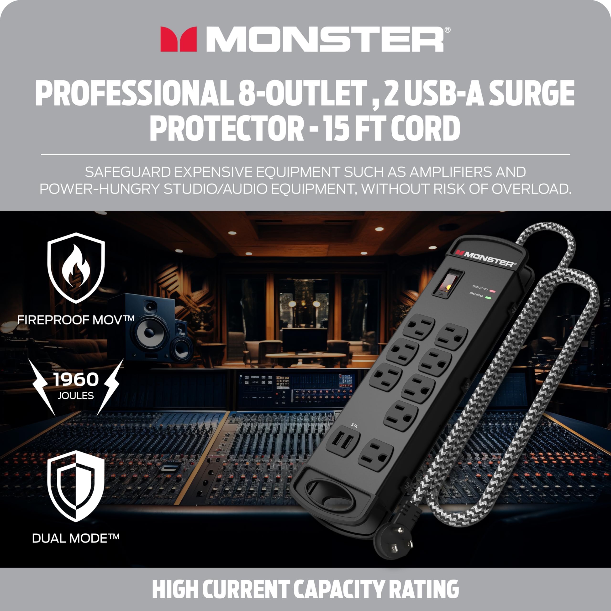 Monster Pro MI Professional Surge Protector Power Strip with Fireproof MOV Technology for Computers, Amplifiers, Pedal Boards, and Pro Audio Gear - 1960 Joule, 15 ft Cord, 8 Outlet, 2 USB