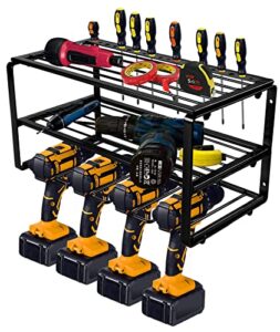 tayuqee power tool storage organizer - heavy duty floating tool shelf, wall mounted tool storage rack holds 4 drills, metal cordless drill holder screwdriver rack for garage, home, workshop