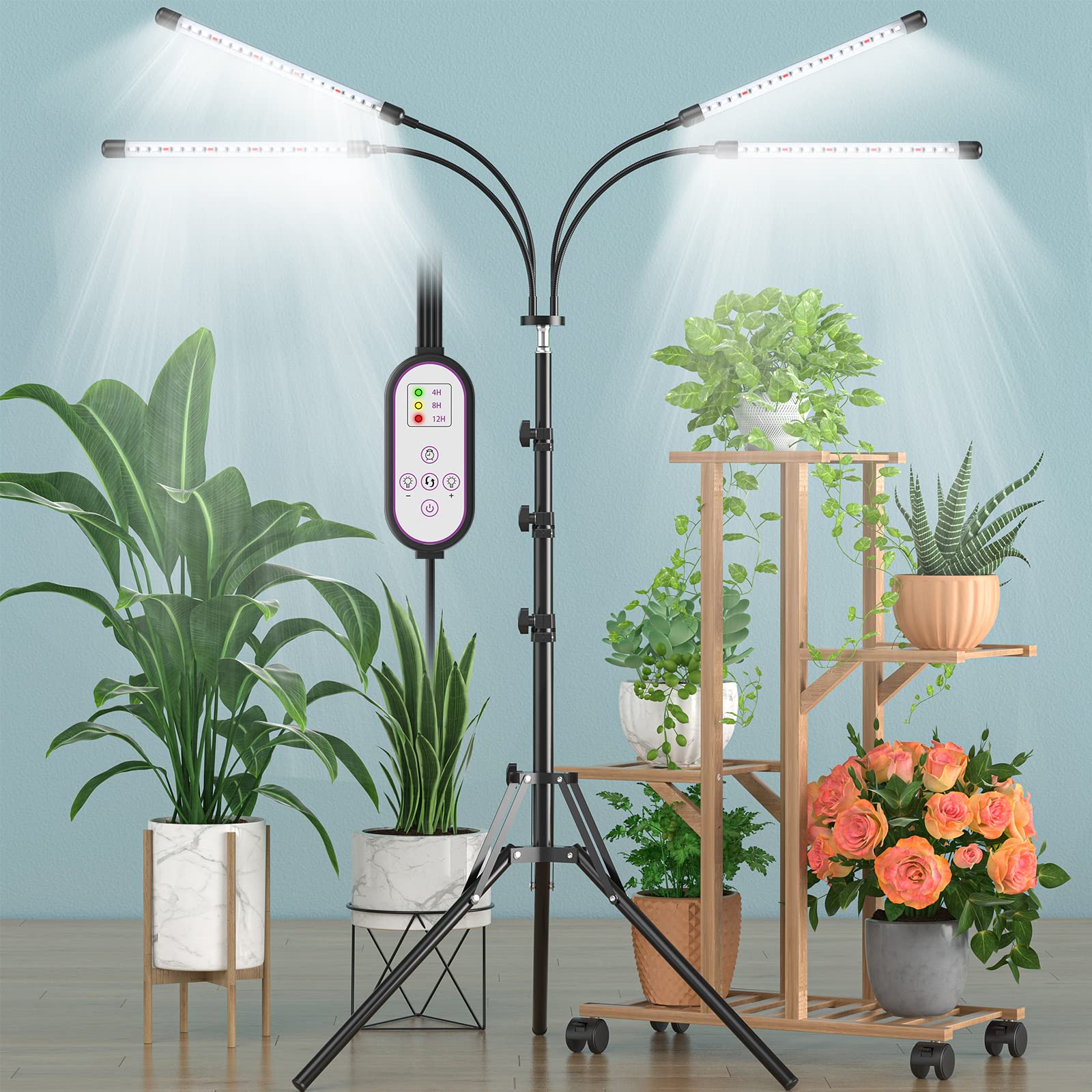 LED Grow Lights for Indoor Plants/Seed Starting, Full Spectrum Plant Light with Stand (Adjustable Tripod 15-60inch for Floor Plants, Red White Grow Lamp with 4/8/12H Timer) (White)