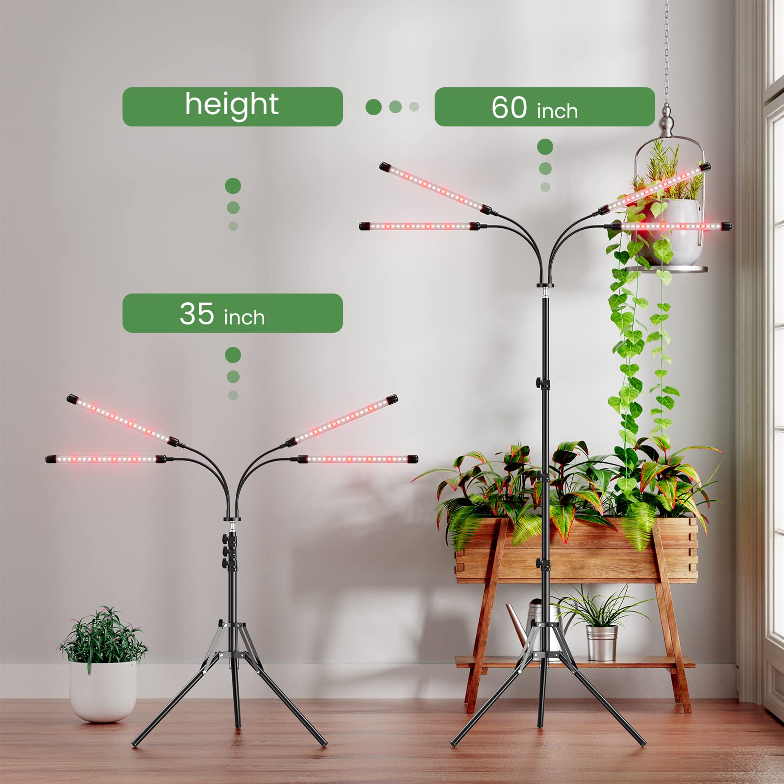 LED Grow Lights for Indoor Plants/Seed Starting, Full Spectrum Plant Light with Stand (Adjustable Tripod 15-60inch for Floor Plants, Red White Grow Lamp with 4/8/12H Timer) (White)