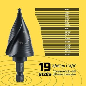 Lichamp Unibit Step Drill Bit for Metal, Genuine M2 Drill Stepper Bit for Hard Metal Heavy Duty, 19 Sizes from 3/16" to 1-3/8", Spiral Grooved with 3/8" Quick Change Drive, C3BK