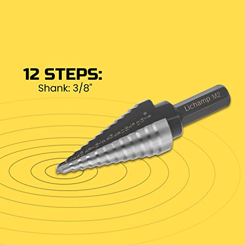 Lichamp Unibit Step Drill Bit for Metal, Genuine M2 Drill Stepper Bit for Hard Metal Heavy Duty, 12 Sizes from 3/16" to 7/8", Dual Straight Grooved with Hex Drive, A3BK