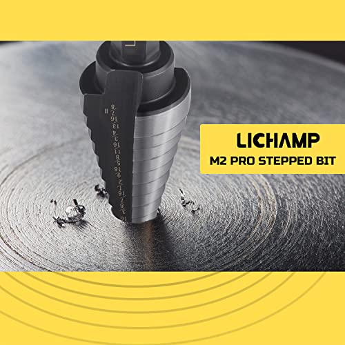 Lichamp Unibit Step Drill Bit for Metal, Genuine M2 Drill Stepper Bit for Hard Metal Heavy Duty, 12 Sizes from 3/16" to 7/8", Dual Straight Grooved with Hex Drive, A3BK