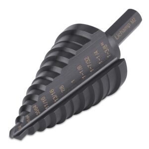 lichamp unibit step drill bit for metal, genuine m2 drill stepper bit for hard metal heavy duty, 11 sizes from 1/4" to 1-3/8", dual straight grooved with hex drive, a2bk