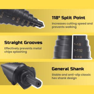 Lichamp Unibit Step Drill Bit for Metal, Genuine M2 Drill Stepper Bit for Hard Metal Heavy Duty, 11 Sizes from 1/4" to 1-3/8", Dual Straight Grooved with Hex Drive, A2BK