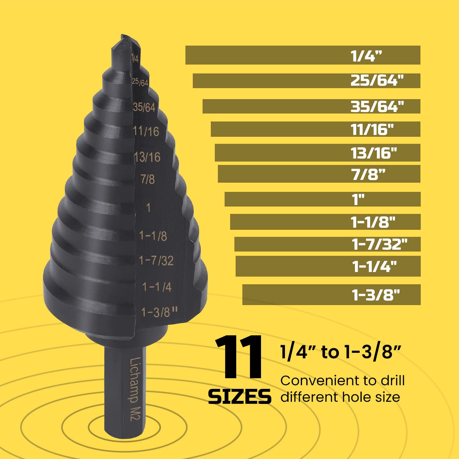 Lichamp Unibit Step Drill Bit for Metal, Genuine M2 Drill Stepper Bit for Hard Metal Heavy Duty, 11 Sizes from 1/4" to 1-3/8", Dual Straight Grooved with Hex Drive, A2BK