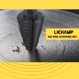 Lichamp Unibit Step Drill Bit for Metal, Genuine M2 Drill Stepper Bit for Hard Metal Heavy Duty, 11 Sizes from 1/4" to 1-3/8", Dual Straight Grooved with Hex Drive, A2BK