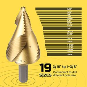 Lichamp Unibit Step Drill Bit for Metal, Genuine HSS M2 Drill Stepper Bit for Hard Metal Heavy Duty, 19 Sizes from 3/16" to 1-3/8", Spiral Grooved with Hex Drive, C2GD