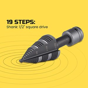 Lichamp Unibit Step Drill Bit for Metal, Genuine HSS M2 Impact Wrench Stepper Bit for Hard Metal Heavy Duty, 19 Sizes from 3/16" to 1-3/8", Dual Straight Grooved with 1/2" Square Drive, A5BK