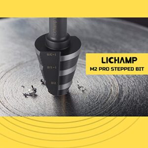 Lichamp Unibit Step Drill Bit for Metal, Genuine HSS M2 Impact Wrench Stepper Bit for Hard Metal Heavy Duty, 19 Sizes from 3/16" to 1-3/8", Dual Straight Grooved with 1/2" Square Drive, A5BK