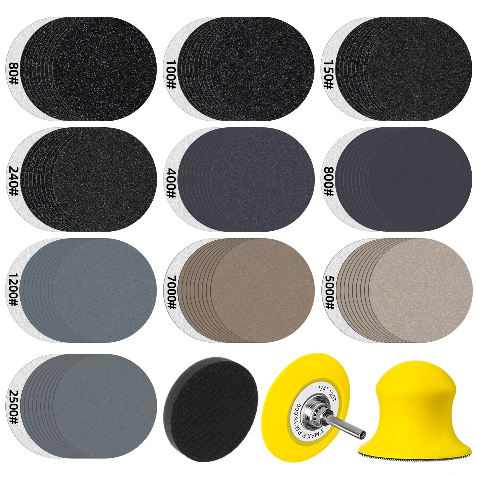 100PCS 3 Inch Sanding Discs Assorted 80-7000 Grits 3” Wet/Dry Sander Pads with 1/4” Shank Backing Plate and Hook & Loop Soft Foam Buffering Pad for Drill Grinder Rotary Tools Attachment