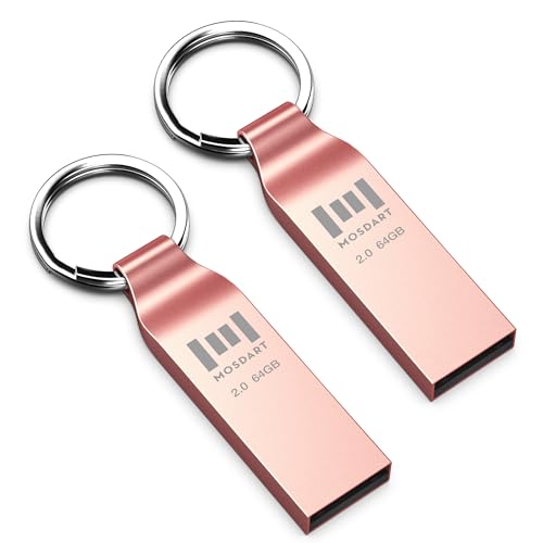 MOSDART 64GB Metal USB 2.0 Flash Drive 2 Pack exFAT Thumb Drive with Keychain 64 GB Waterproof Jump Drive 64G Memory Stick for Data Storage and Backup, Rose Gold