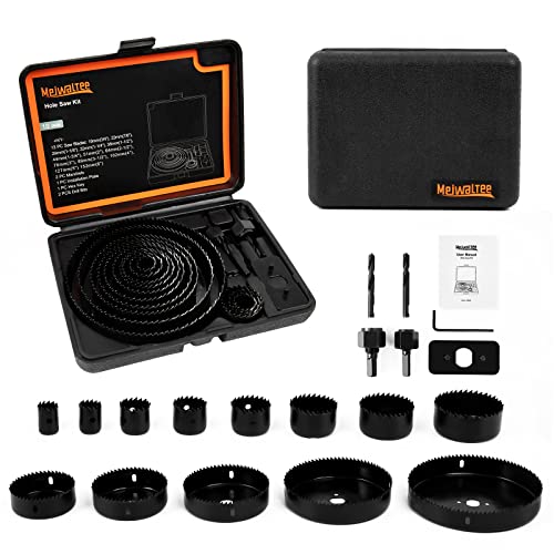 Meiwaltee Hole Saw kit,19PCS Hole Saw Set with 3/4"-6"(19-152mm) 13PCS Saw Blades,2 Mandrels,2 Drill Bits,1 Installation Plate,1 Hex Key,Ideal for Soft Wood,Plywood,Drywall,PVC Board