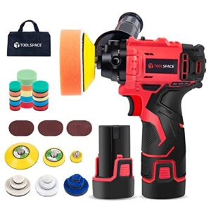 toolspace 12v cordless buffer polisher, 3" mini car detailing buffer & sander machine kit with 2 li-ion batteries, 46pcs variable speed trigger for auto/diy polishing/sanding/waxing