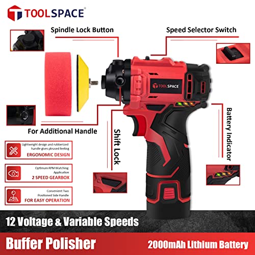 TOOLSPACE 12V Cordless Buffer Polisher, 3" Mini Car Detailing Buffer & Sander Machine Kit with 2 Li-Ion Batteries, 46pcs Variable Speed Trigger for Auto/DIY Polishing/Sanding/Waxing