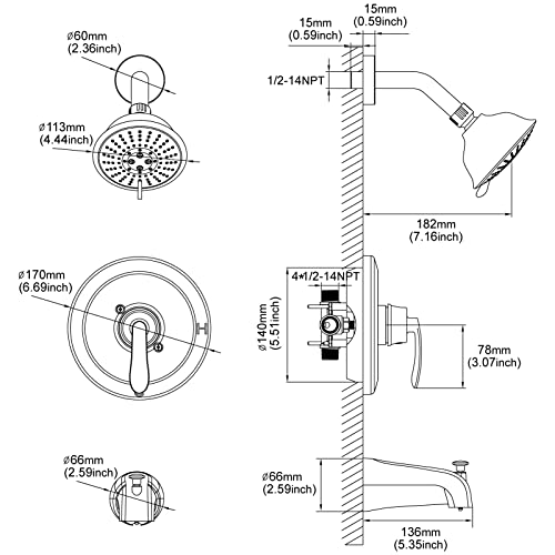 PARLOS Shower System, Brushed Gold Shower Faucet Set with Tub Spout(Valve Included), 5-Setting Mode Shower Head and Tub Spout with Diverter, Multi-Function Wall Mounted Shower Bathtub Combo, 1436908