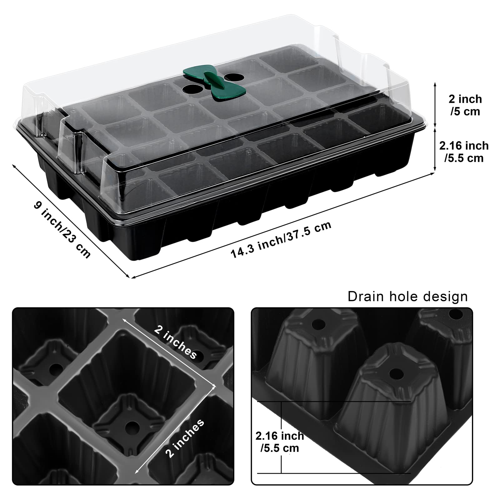 Elcoho 8 Pack 192 Cells Seed Starter Tray Kit Seedling Tray Propagator Plant Grow Tray with Humidity Dome and Base Plastic Planter for Greenhouse Germination Starter, 24 Cells per Tray, Black