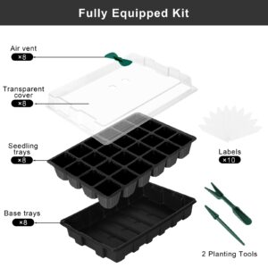 Elcoho 8 Pack 192 Cells Seed Starter Tray Kit Seedling Tray Propagator Plant Grow Tray with Humidity Dome and Base Plastic Planter for Greenhouse Germination Starter, 24 Cells per Tray, Black