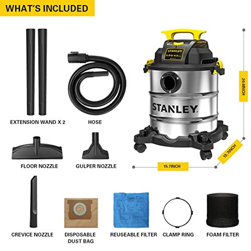 Stanley 6 Gallon Wet Dry Vacuum, 4 Peak HP Stainless Steel 3 in 1 Shop Vacuum with Blower, Multifunctional Vacuum Cleaner for Home, Jobsite, Garage, Basement, Model: SL18116