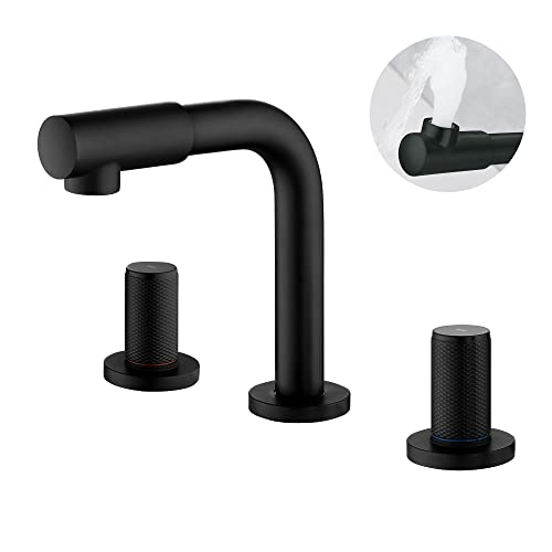 SHAMANDA 8 Inch Widespread Faucet with 360 Degree Swivel Nozzle and Spout, Modern 2 Unique Knob Handles Bathroom Sink Faucet 3 Hole Matte Black, Valve and cUPC Water Supply Hoses Included, LB801-7