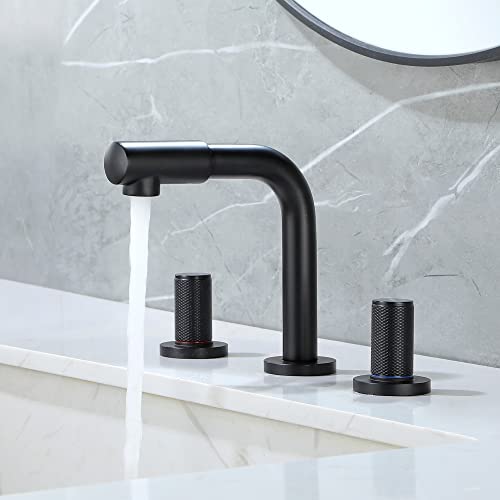 SHAMANDA 8 Inch Widespread Faucet with 360 Degree Swivel Nozzle and Spout, Modern 2 Unique Knob Handles Bathroom Sink Faucet 3 Hole Matte Black, Valve and cUPC Water Supply Hoses Included, LB801-7