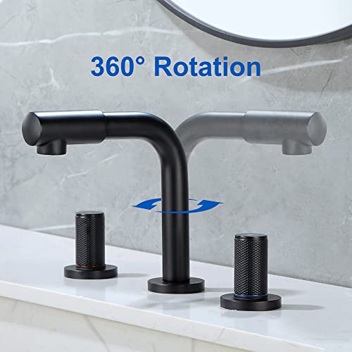 SHAMANDA 8 Inch Widespread Faucet with 360 Degree Swivel Nozzle and Spout, Modern 2 Unique Knob Handles Bathroom Sink Faucet 3 Hole Matte Black, Valve and cUPC Water Supply Hoses Included, LB801-7