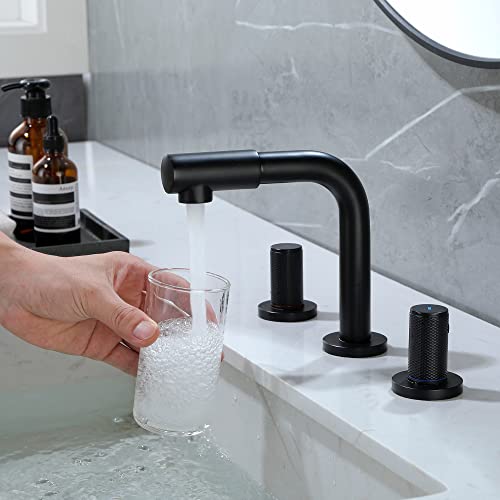 SHAMANDA 8 Inch Widespread Faucet with 360 Degree Swivel Nozzle and Spout, Modern 2 Unique Knob Handles Bathroom Sink Faucet 3 Hole Matte Black, Valve and cUPC Water Supply Hoses Included, LB801-7