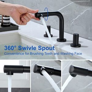 SHAMANDA 8 Inch Widespread Faucet with 360 Degree Swivel Nozzle and Spout, Modern 2 Unique Knob Handles Bathroom Sink Faucet 3 Hole Matte Black, Valve and cUPC Water Supply Hoses Included, LB801-7