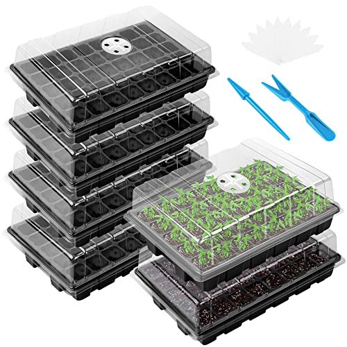 ELCOHO 6 Pack Seed Starter Tray Kit 40 Cells Seedling Trays with Humidity Dome and Base Mini Propagator Plant Nursery Pots Total 240 Cells for Greenhouse Plants Growing, Black