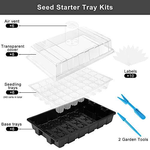 ELCOHO 6 Pack Seed Starter Tray Kit 40 Cells Seedling Trays with Humidity Dome and Base Mini Propagator Plant Nursery Pots Total 240 Cells for Greenhouse Plants Growing, Black