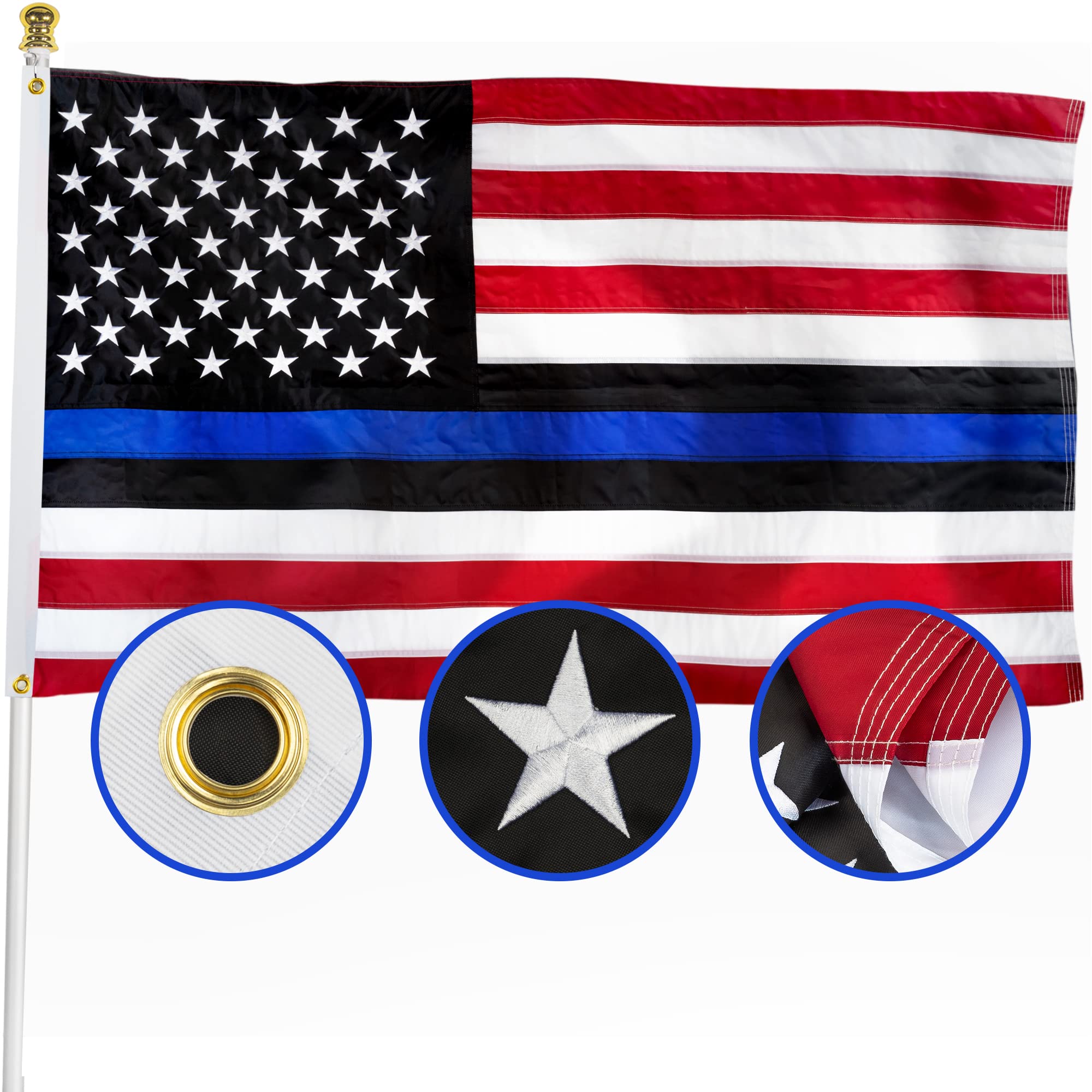 XIFAN Blue Line American Flag Blue Lives Matter 3x5 Outdoor - Heavy Duty 210D Nylon USA Police Flag with Blue Stripe - Embroidered Stars/Sewn Stripes/Brass Grommets - Honoring Law Enforcement Officers