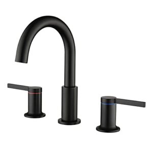 shamanda bathroom vanity sink faucet 3 holes, mordern 2 handle 8 inch widespread bathroom lavatory basin taps brass, valve and cupc water supply hoses included, matte black, lb106-7