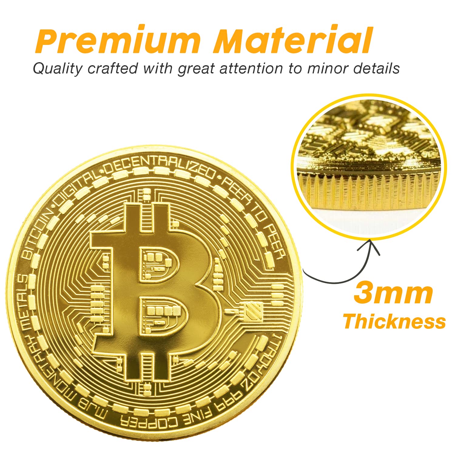 Naturiway 1Pcs Bitcoin Coin, Bitcoin Commemorative Coin 24K Gold Plated, 3mm BTC Cryptocurrency, Collectible Coin with Protective Case, Blockchain Cryptocurrency, Home and Office Decoration