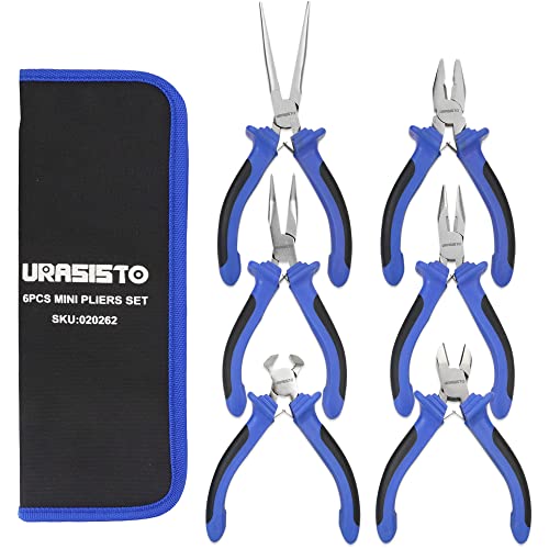  URASISTO 6 pcs Mini Pliers Set  - Long, Bent, Needle Nose, Diagonal, End Cut, Combination - Spring Loaded Handle, 5 Inch - Mechanic, Craftsman Basic Tool Kit - Roll Up Carry Bag Included