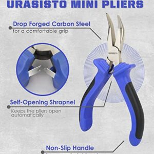  URASISTO 6 pcs Mini Pliers Set  - Long, Bent, Needle Nose, Diagonal, End Cut, Combination - Spring Loaded Handle, 5 Inch - Mechanic, Craftsman Basic Tool Kit - Roll Up Carry Bag Included