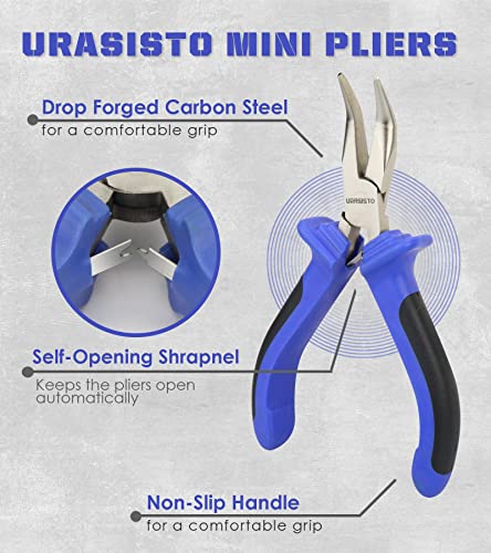  URASISTO 6 pcs Mini Pliers Set  - Long, Bent, Needle Nose, Diagonal, End Cut, Combination - Spring Loaded Handle, 5 Inch - Mechanic, Craftsman Basic Tool Kit - Roll Up Carry Bag Included