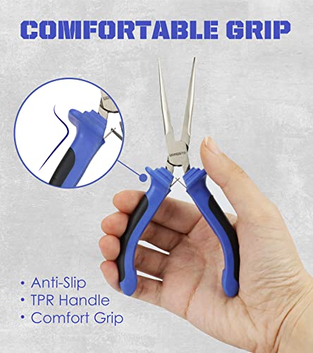  URASISTO 6 pcs Mini Pliers Set  - Long, Bent, Needle Nose, Diagonal, End Cut, Combination - Spring Loaded Handle, 5 Inch - Mechanic, Craftsman Basic Tool Kit - Roll Up Carry Bag Included