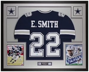 emmitt smith autographed blue dallas jersey - beautifully matted and framed - hand signed by smith and certified authentic by beckett - includes certificate of authenticity