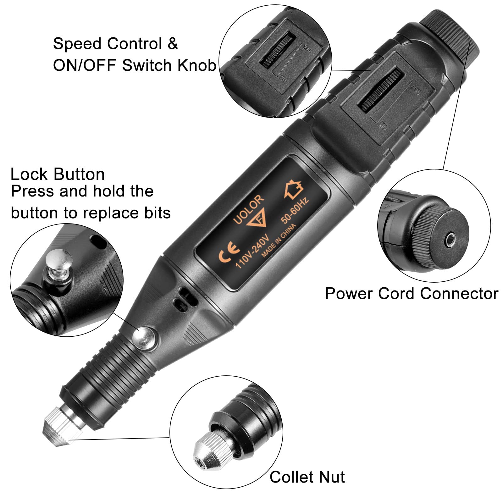 Uolor Electric Corded Hand Drill Kit, Pin Vise Set with 17Pcs Twist Drill Bit, 10Pcs Collet and 200Pcs Screw Eye Pin for Resin Wood Plastic Polymer Clay Keychain Pendant Earring Jewelry Making - Uolor