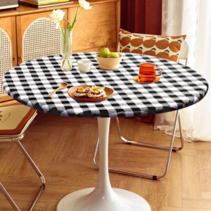 Fitable Vinyl Fitted Round Table Cover with Elastic, Black and White Checkered Tablecloth with Flannel Backing Plaid Table Cloth for Indoor Outdoor Picnic Party (Fit for 45"-56" Round Tables)