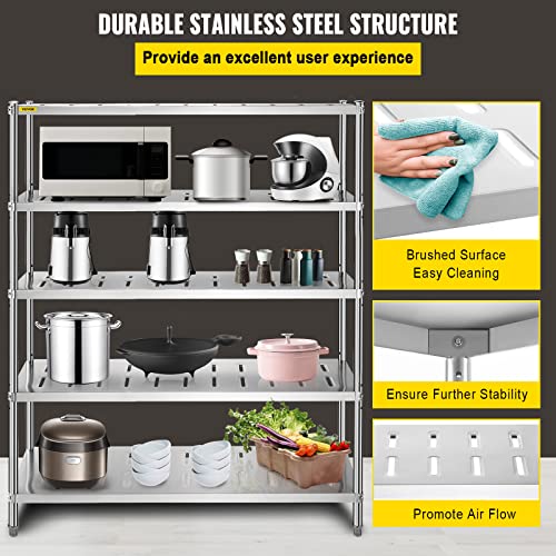 VEVOR Storage Shelf, 5-Tier Storage Shelving Unit, Stainless Steel Garage Shelf, 59.1 x 17.7 x 70.9 inch Heavy Duty Storage Shelving, 661 Lbs Total Capacity with Adjustable Height and Vent Holes