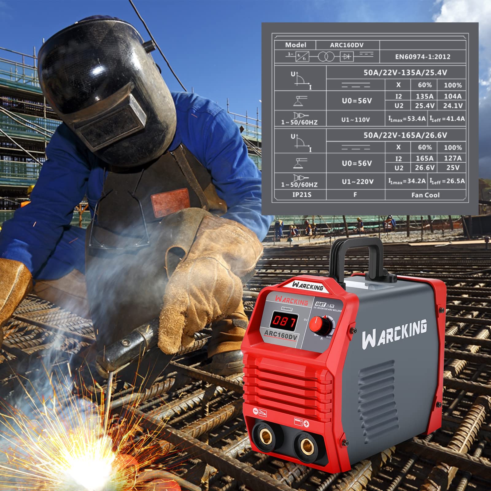 WARCKING 160A Digital Stick Welder, 110/220V Dual Voltage IGBT Inverter ARC Welding Machine, Mini Portable MMA Welder Machine with Hot Start and Anti-Stick