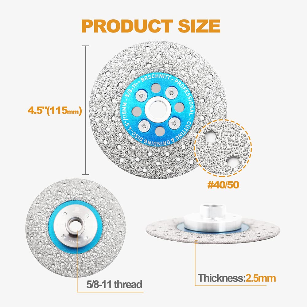 Diamond Granite Cutting Wheel,BRSCHNITT 4-1/2 Inch 115mm Vacuum Brazed Angle Grinder Diamond Blade with 5/8-11 Thread for Grinding Beveling Shaping Rounding Granite,Porcelain,Tile,Stone,Marble,Quartz