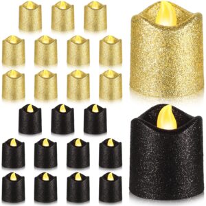 24 packs flameless glitter candles led votive tealights battery operated tea lights warm yellow light holder for anniversary wedding new year christmas centerpiece table outdoor decor (gold, black)