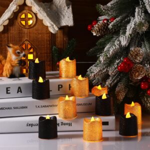 24 Packs Flameless Glitter Candles LED Votive Tealights Battery Operated Tea Lights Warm Yellow Light Holder for Anniversary Wedding New Year Christmas Centerpiece Table Outdoor Decor (Gold, Black)