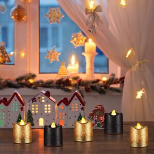 24 Packs Flameless Glitter Candles LED Votive Tealights Battery Operated Tea Lights Warm Yellow Light Holder for Anniversary Wedding New Year Christmas Centerpiece Table Outdoor Decor (Gold, Black)